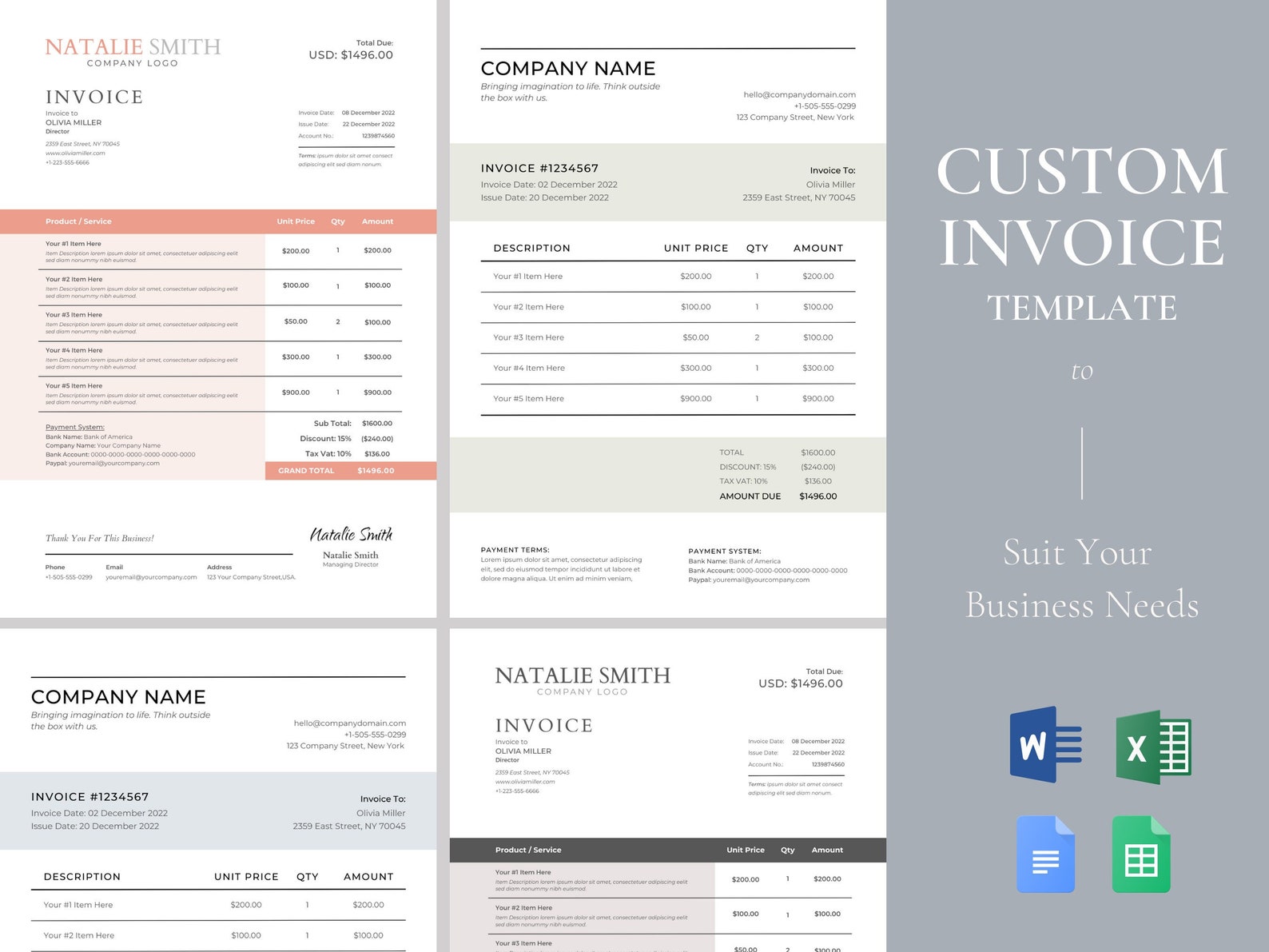 Custom Invoice Excel Template, Custom Invoice Word Template, Custom ...