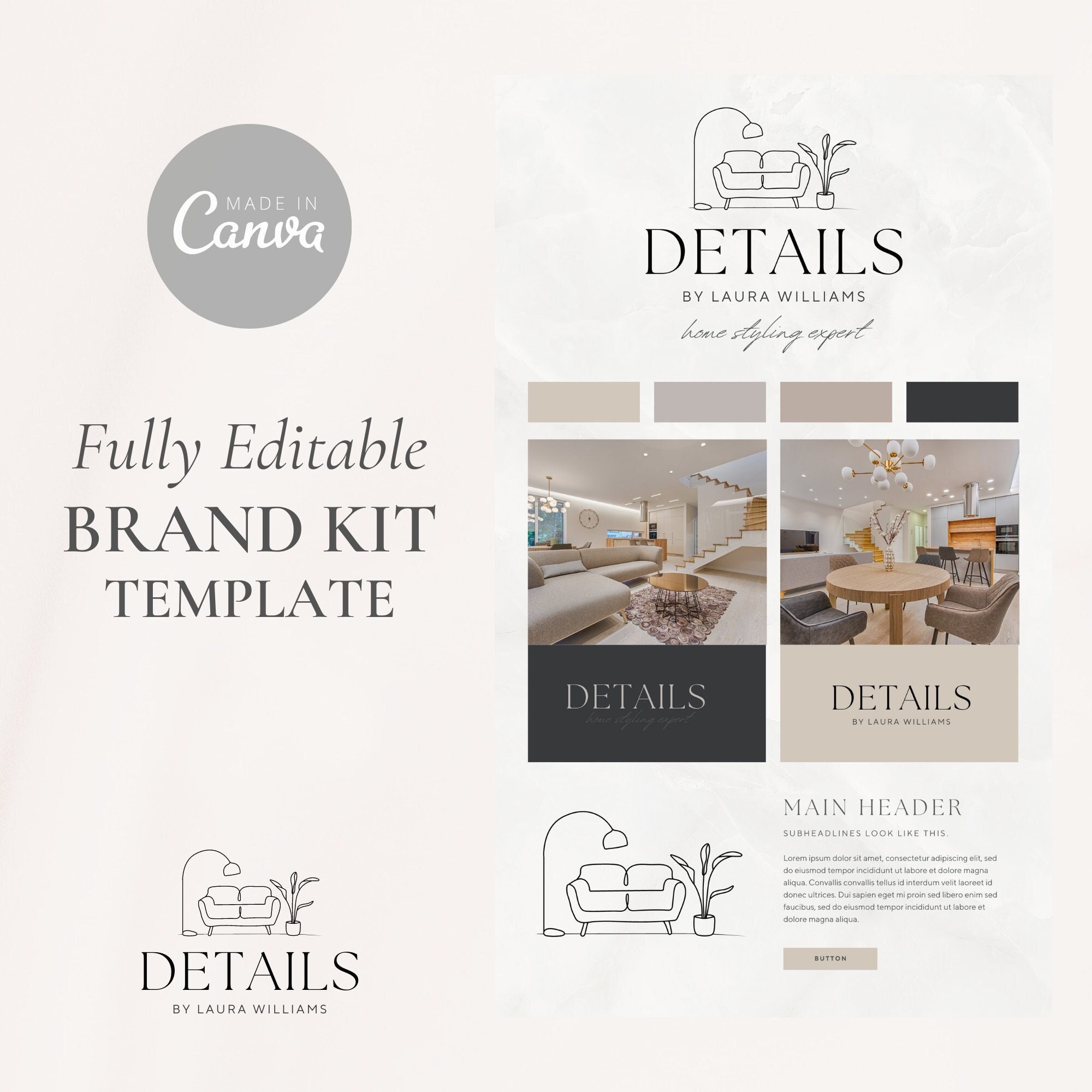 Interior Design Logo, Branding Kit Canva, Home Logo, Modern Logo, Hand ...