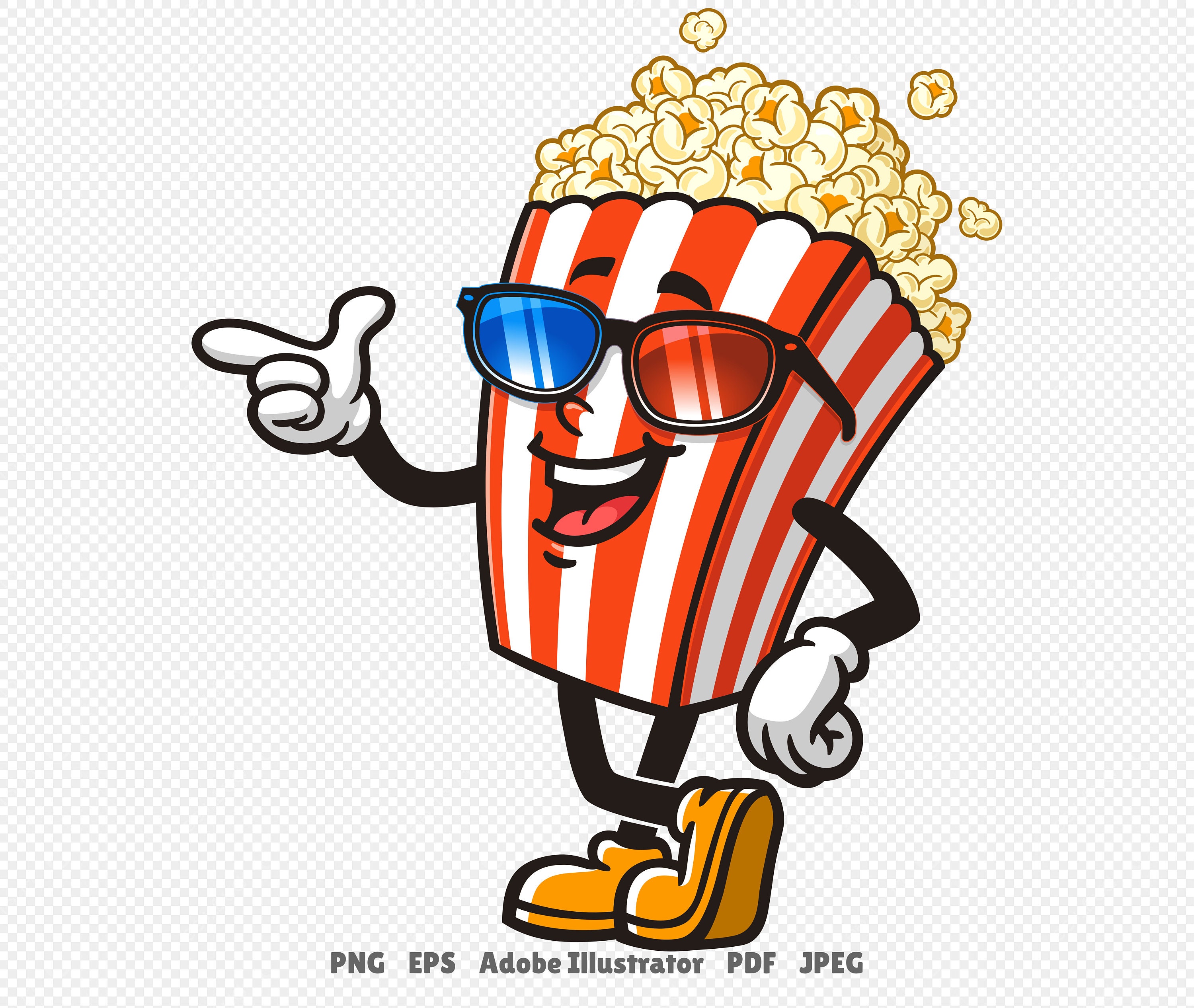 Popcorn With 3D Cinema Glasses, Movie, Optical, Cartoon Mascot Illustration Character Vector ...