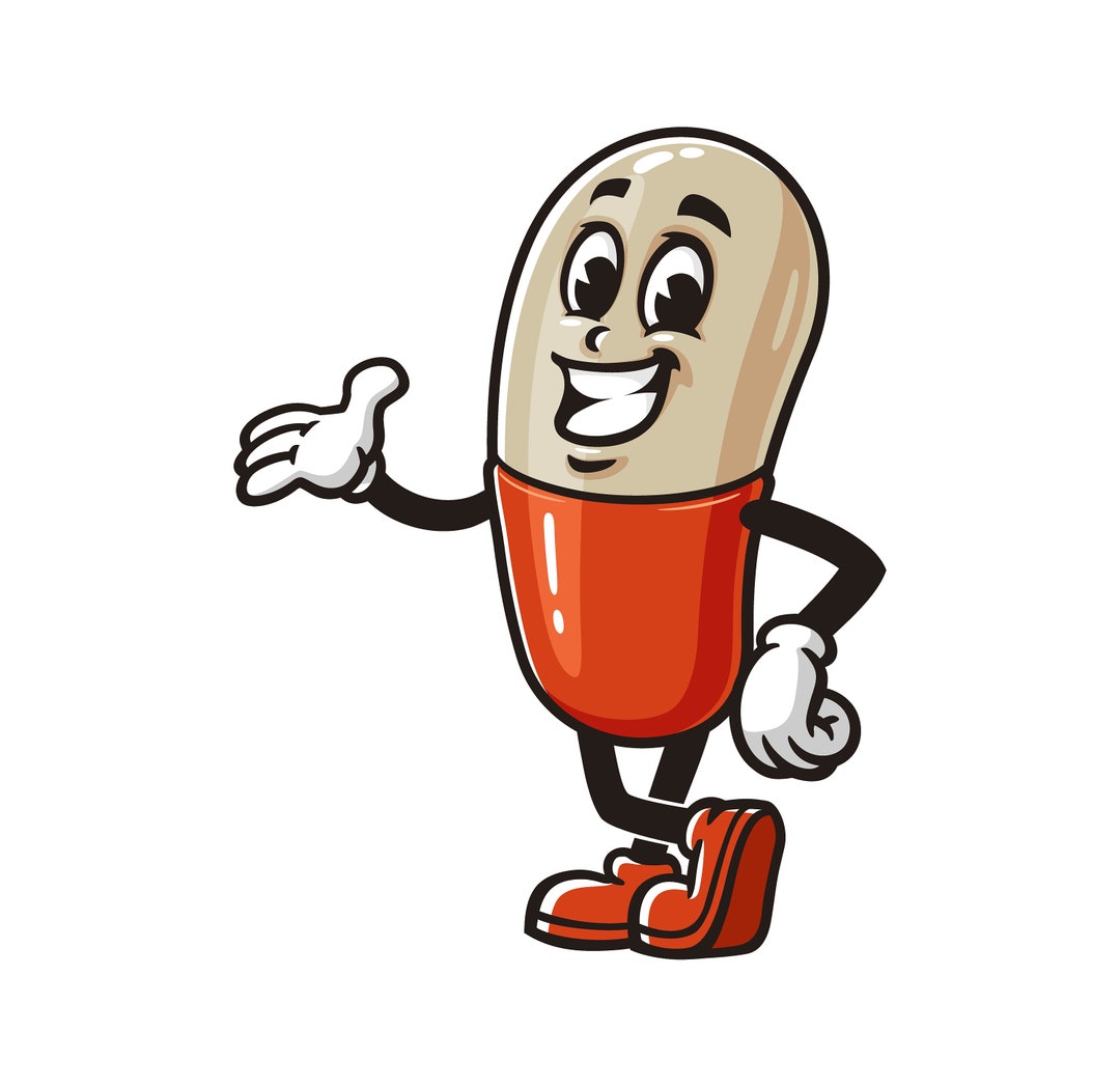 Pill Capsule Cartoon Mascot Illustration Character Vector Logo Clip Art ...