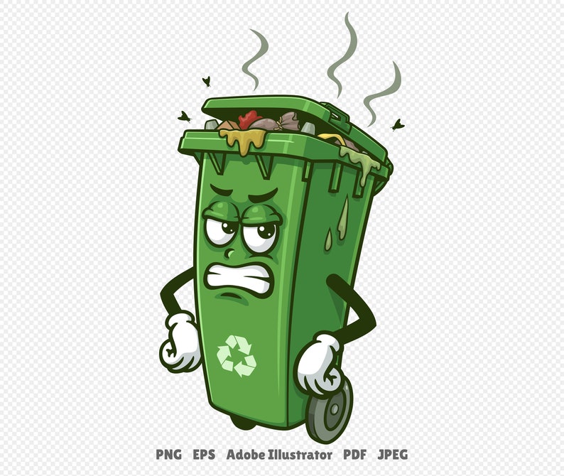 Grumpy Dirty Trash Bin, Garbage Bin, Trash Can, Green, Cartoon Mascot ...