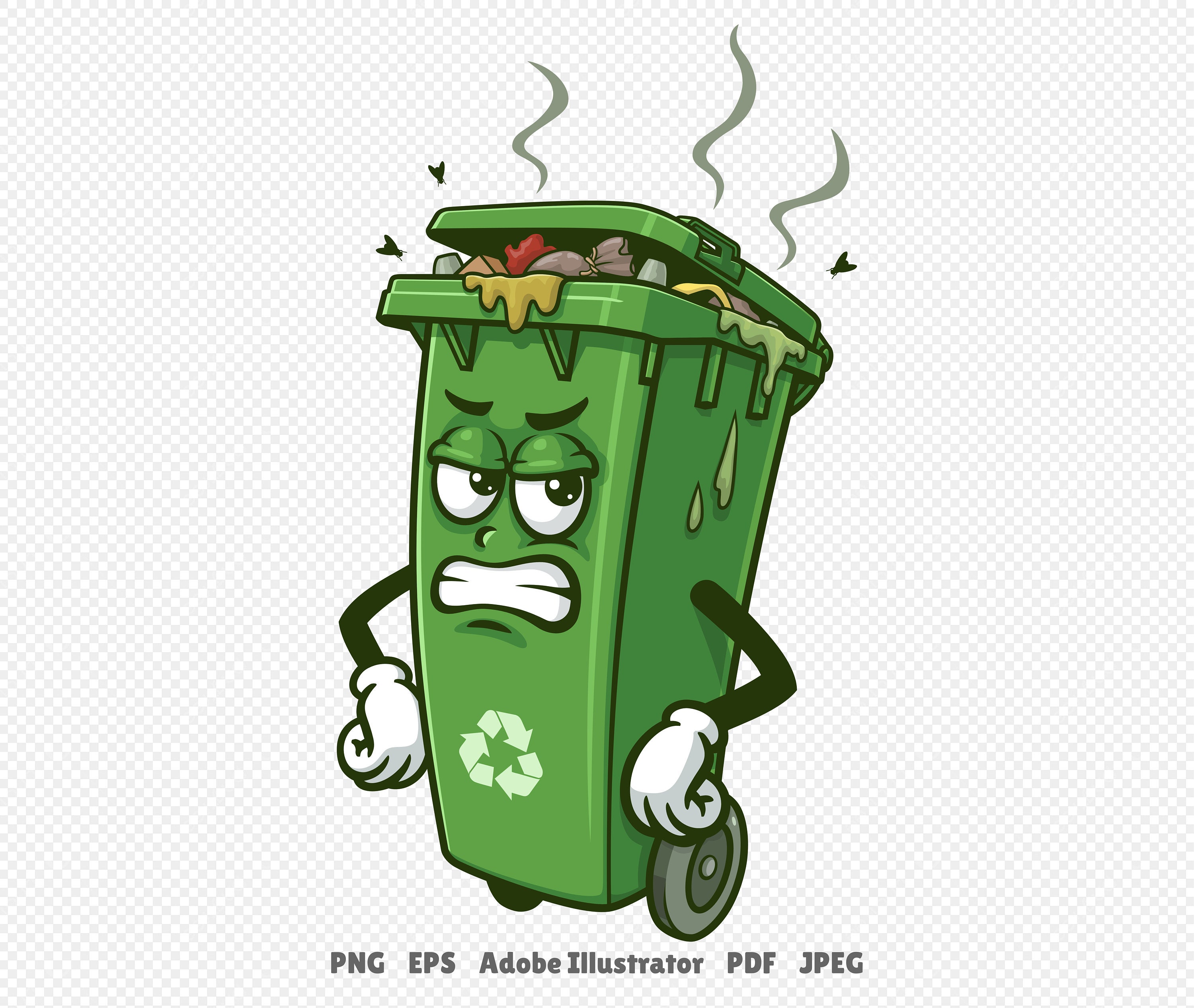 Grumpy Dirty Trash Bin, Garbage Bin, Trash Can, Green, Cartoon Mascot ...