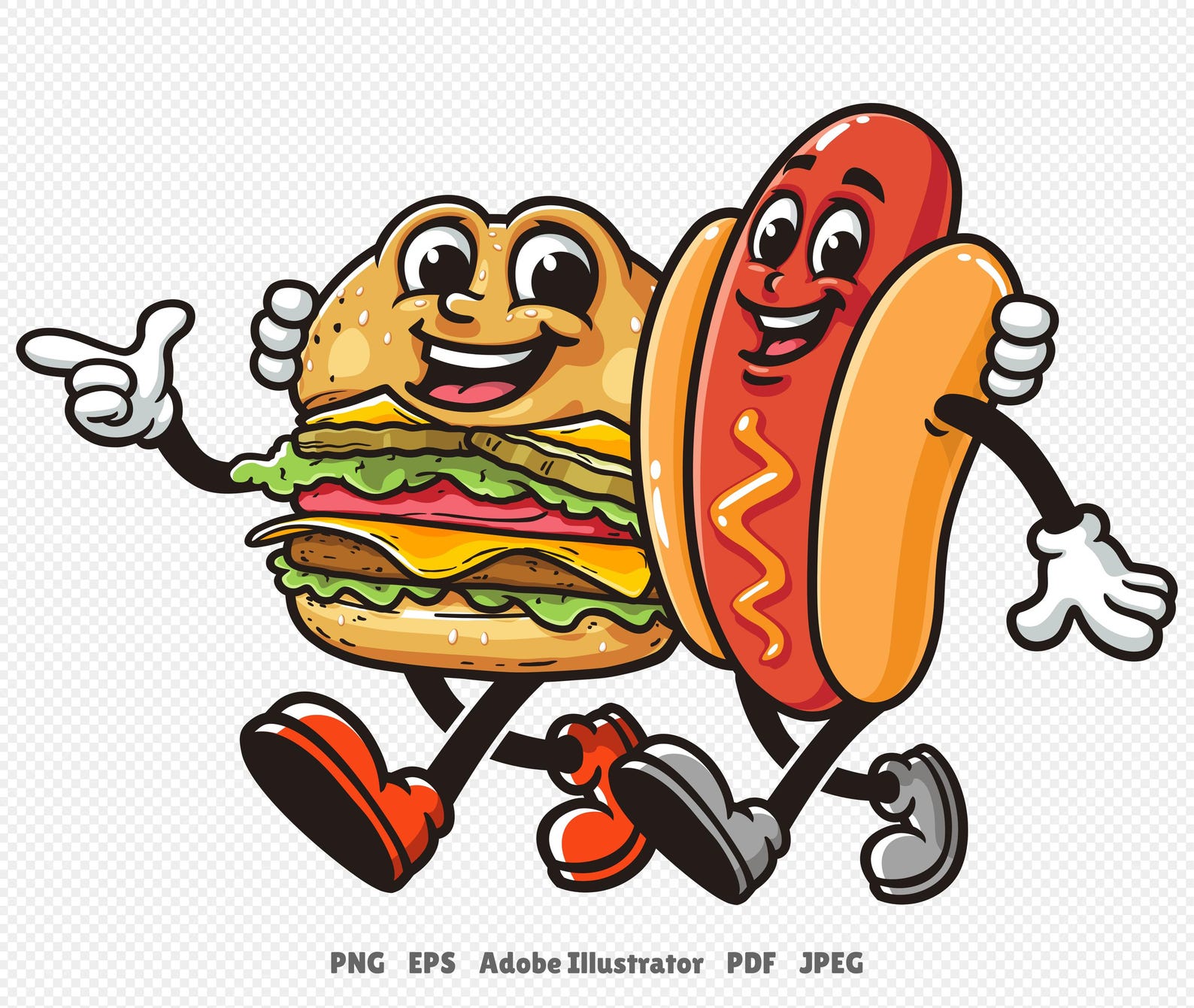 Cartoon Burger and Hot Dog Walking Together, Mascot, Illustration ...
