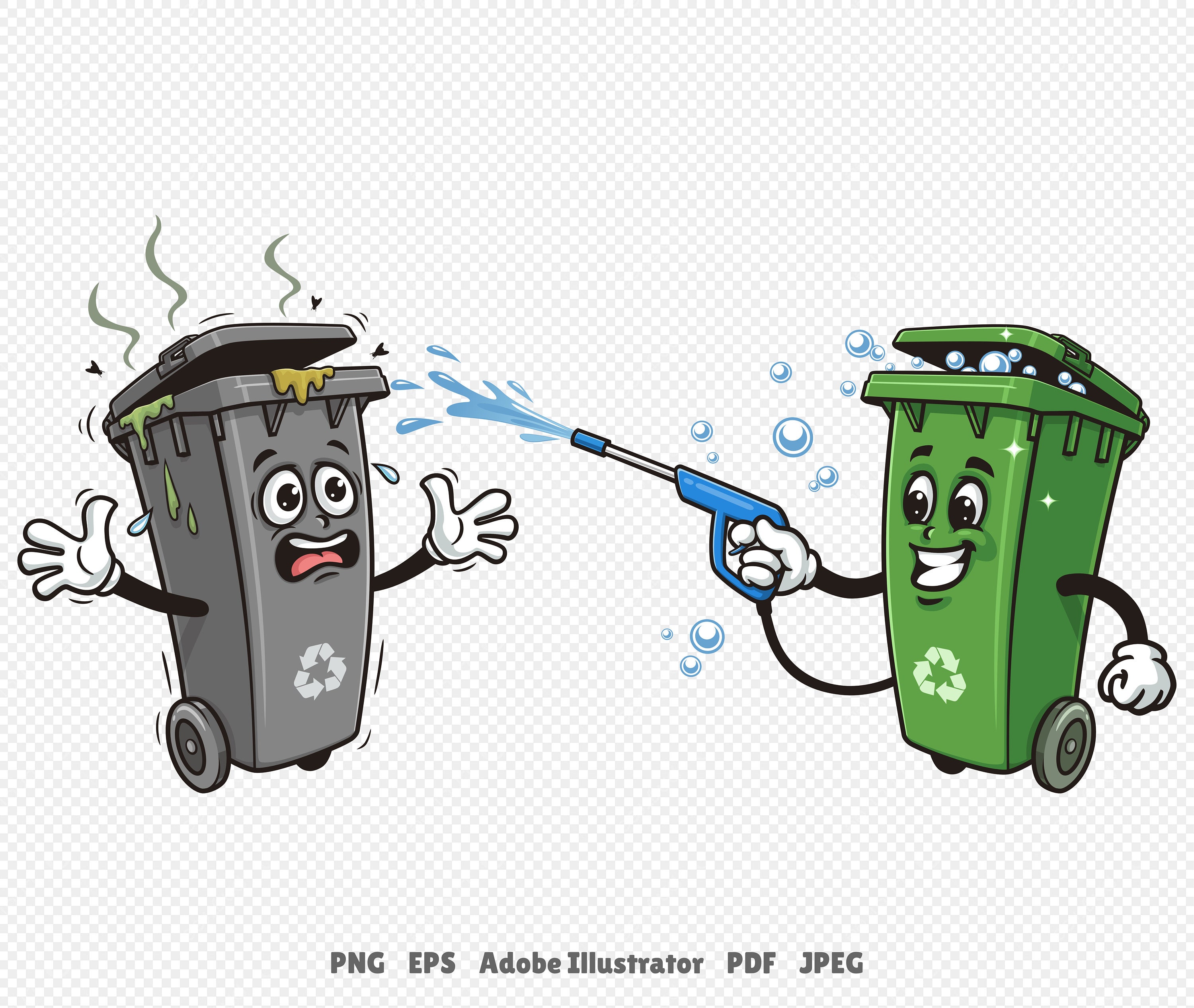 Trash Can is Washing With Water Gun, Trash Bin, Garbage Bin, Cartoon ...