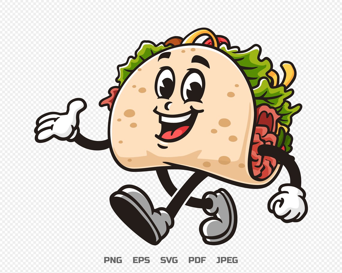 Walking Taco Cartoon Mascot Illustration Design Character Vector - Etsy