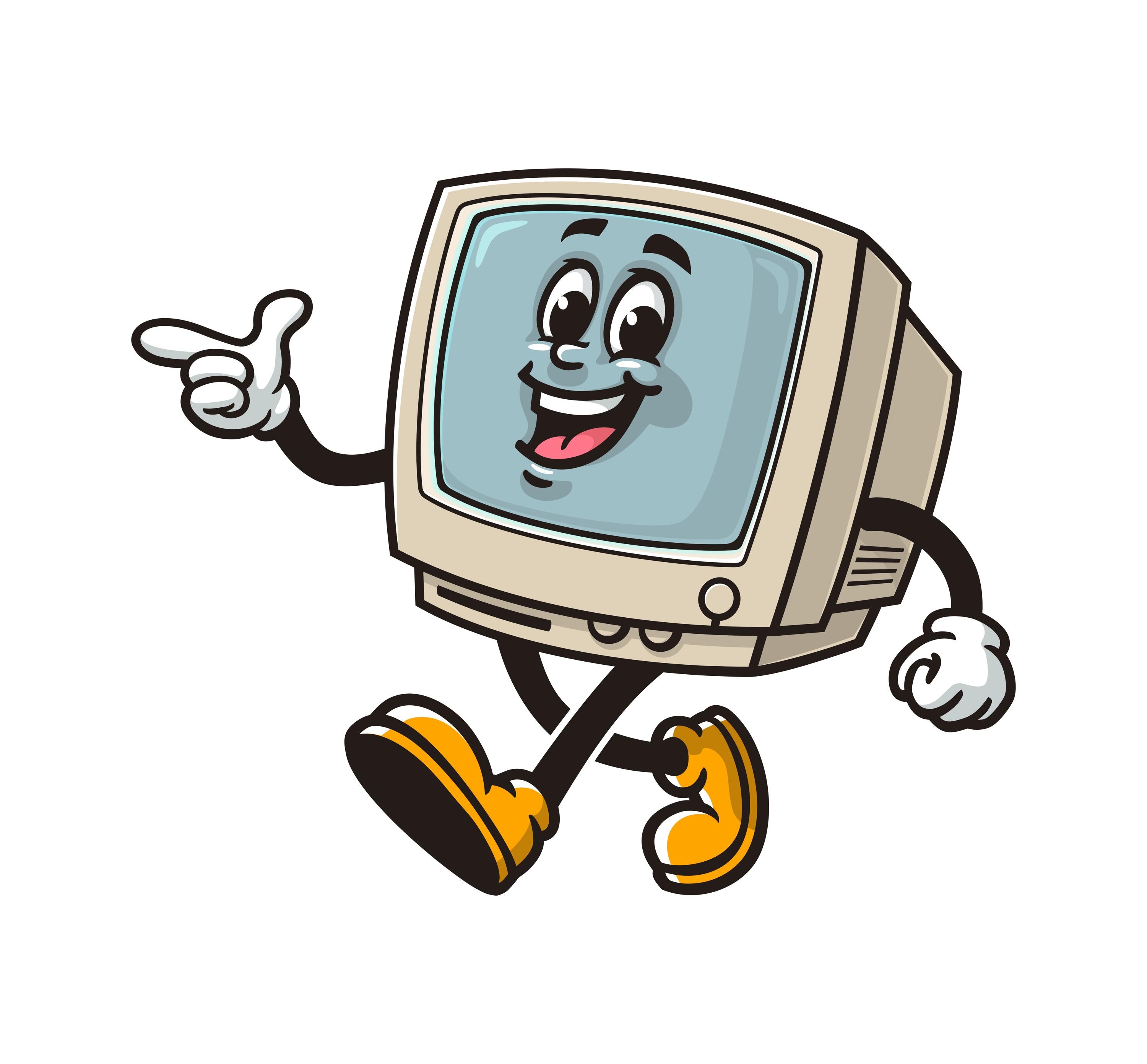 Walking Retro Computer Cartoon Mascot Illustration Character Vector ...
