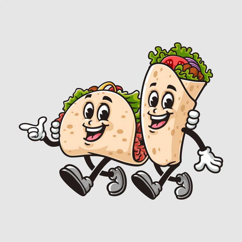 Cartoon Taco and Burrito Walking Together, Mascot, Illustration ...
