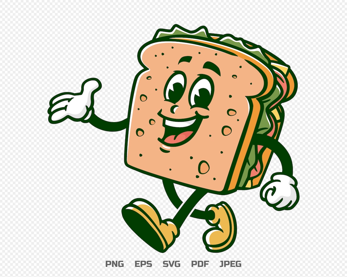 Walking Sandwich Cartoon Mascot Illustration Design Character - Etsy