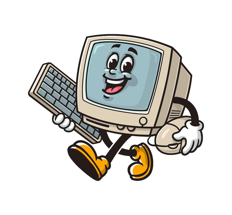 Computer is Carrying a Keyboard and Mouse, Retro Computer Cartoon ...