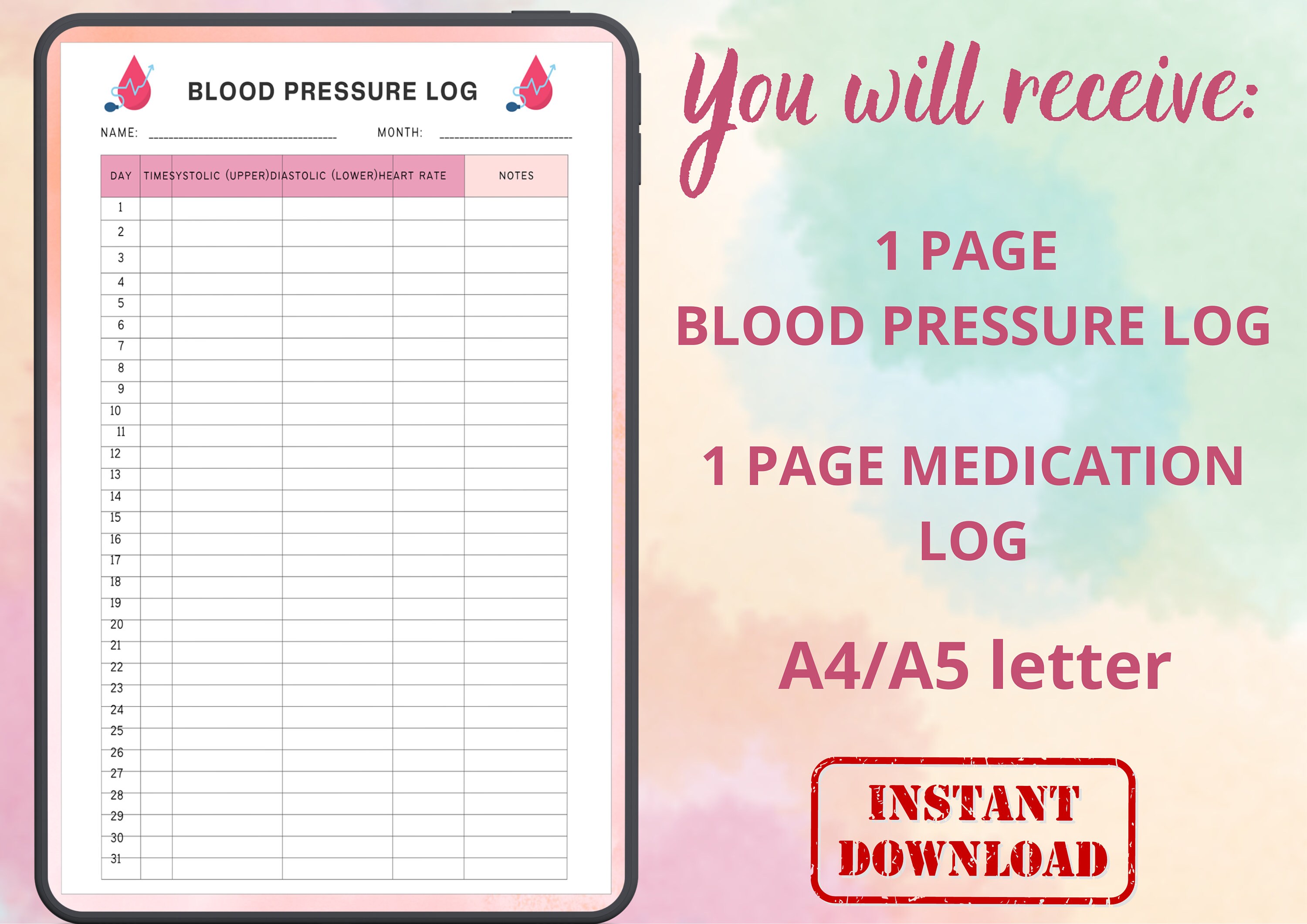Blood Pressure Log & Medication Log, Hypertension Tracker, Daily Blood ...