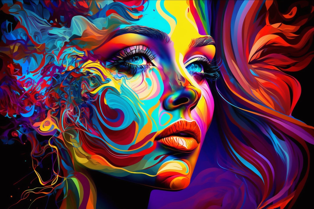 Colorful Psychedelic Female Face AI Generated Digital - Etsy