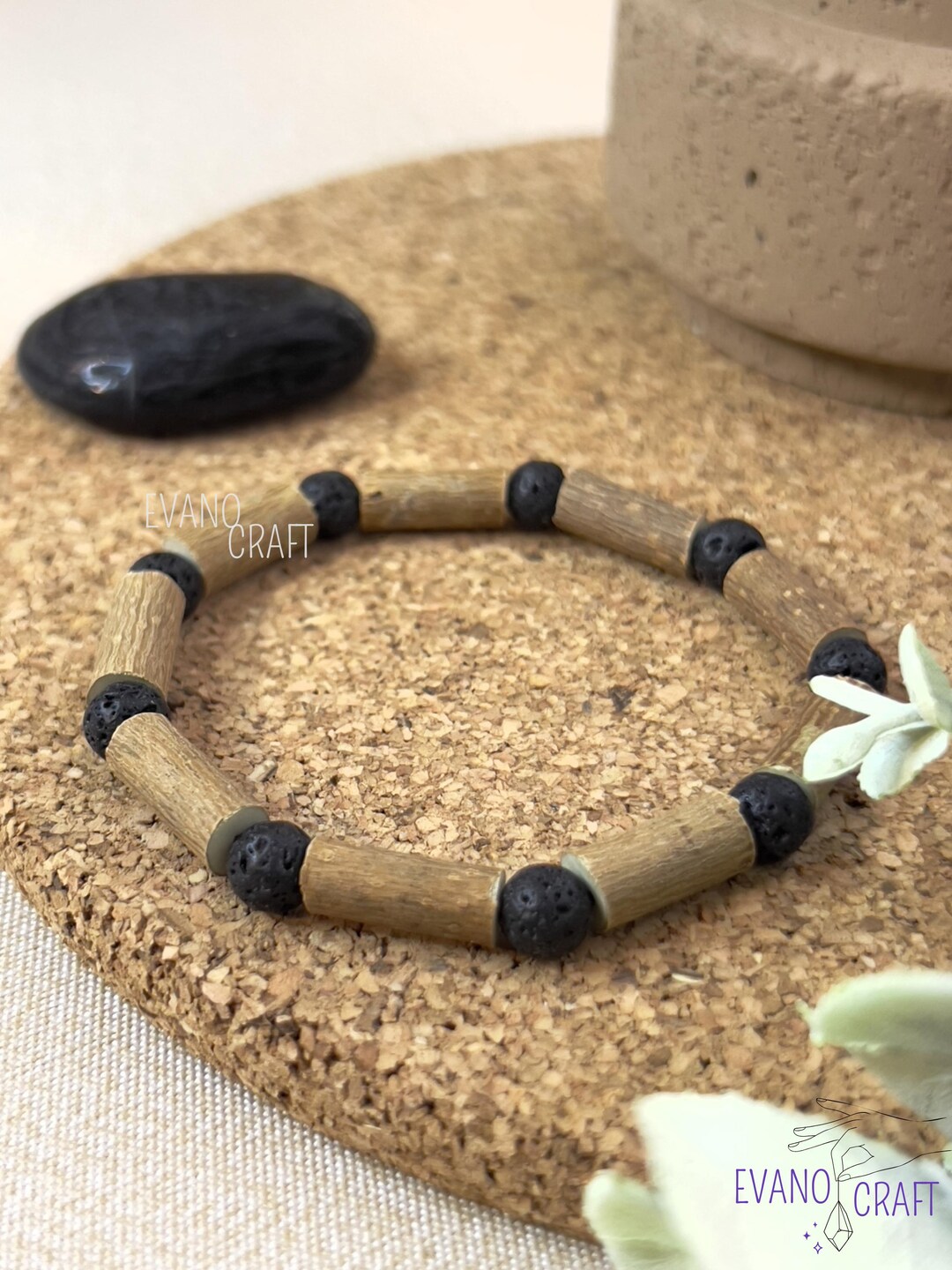 6mm Black Lava Stone and Hazelnut Wood Bracelet From Quebec – 6mm Beads ...