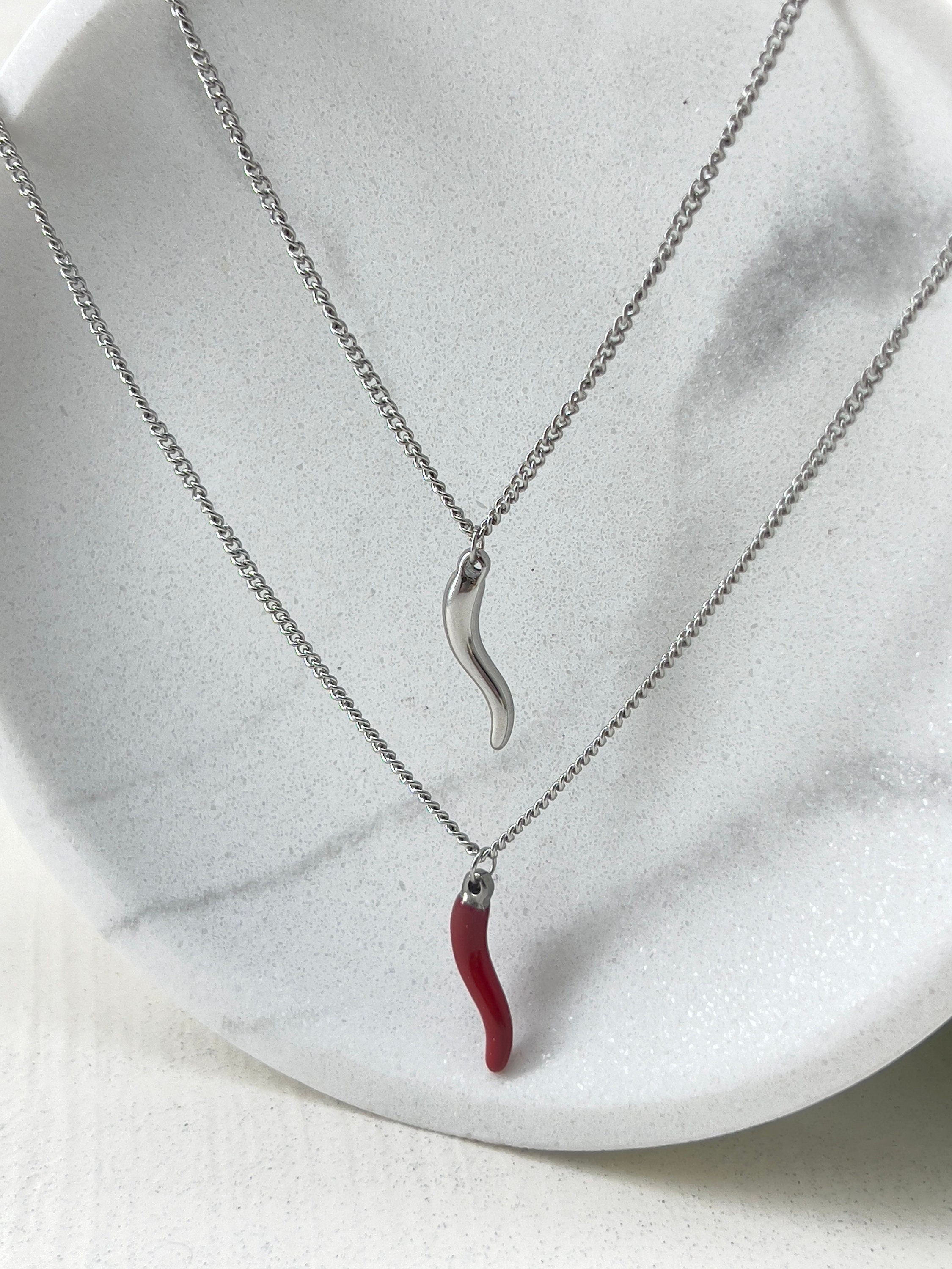 Italian Horn Necklace Classic Curb Chain Horn Chain Stainless Steel Red ...