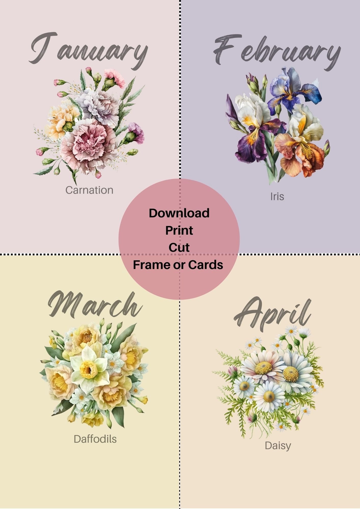 Birth Month Flowers Digital Set of 12 Instant Download Prints, Decor ...