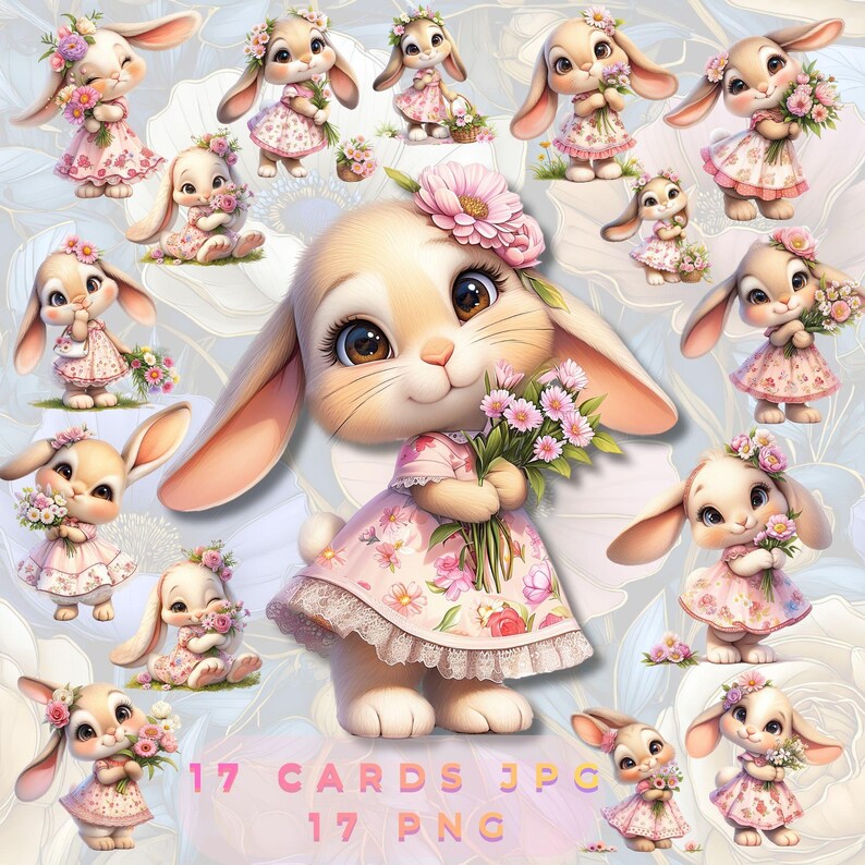 Cute Bunny Clipart Set Floral Easter Bunny PNG JPG Kawaii Rabbit ...