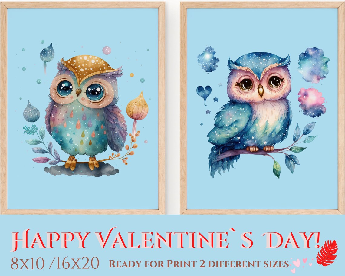 OWL VALENTINES Printable Owl Set of 2 Prints Bonus Gift-4 Valentine ...