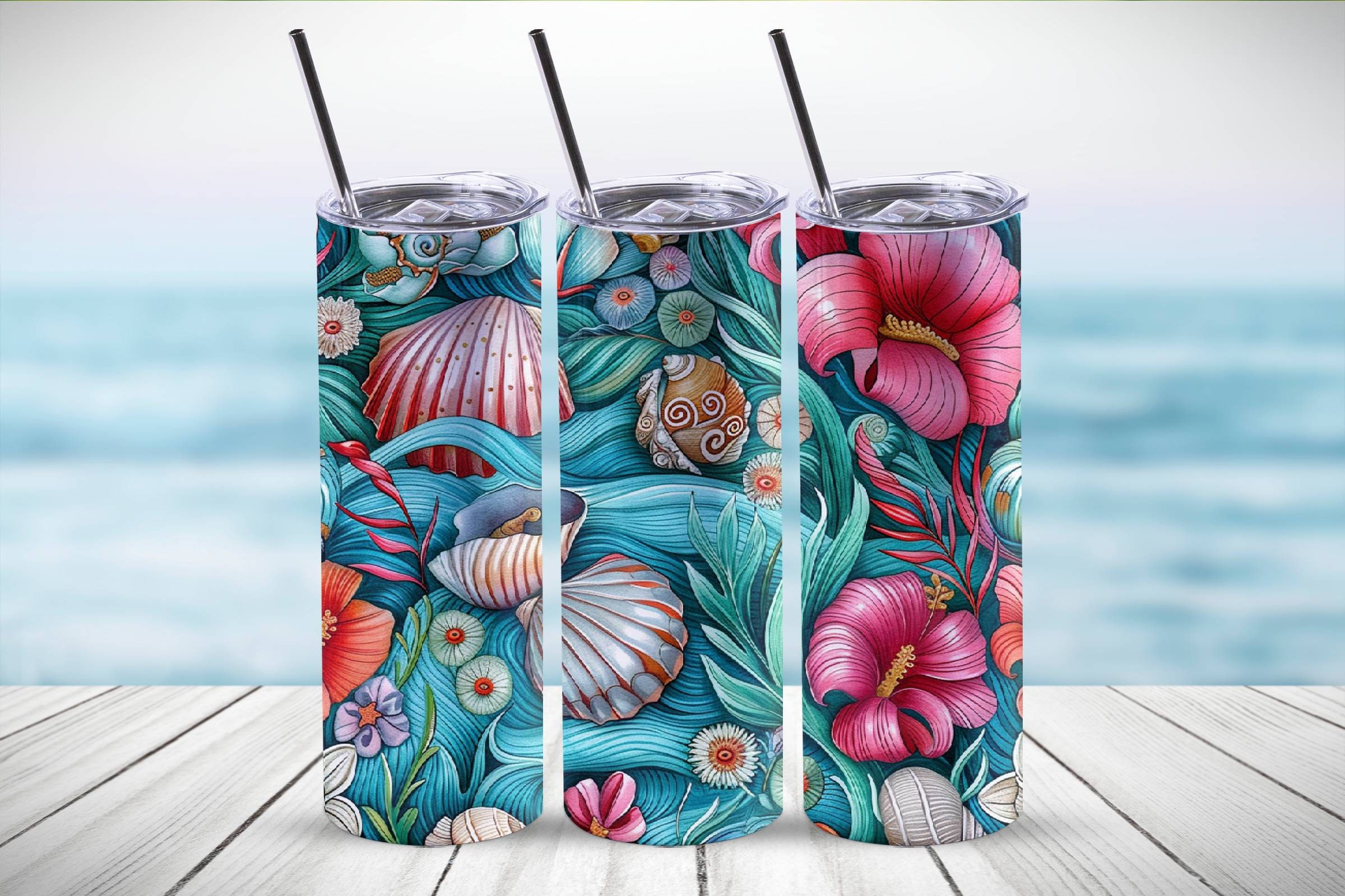 Seashell Tumbler Wrap 20oz Skinny Sublimation Design Watercolor Summer ...