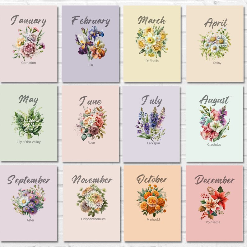 Birth Month Flowers Digital Set of 12 Instant Download Prints, Decor ...