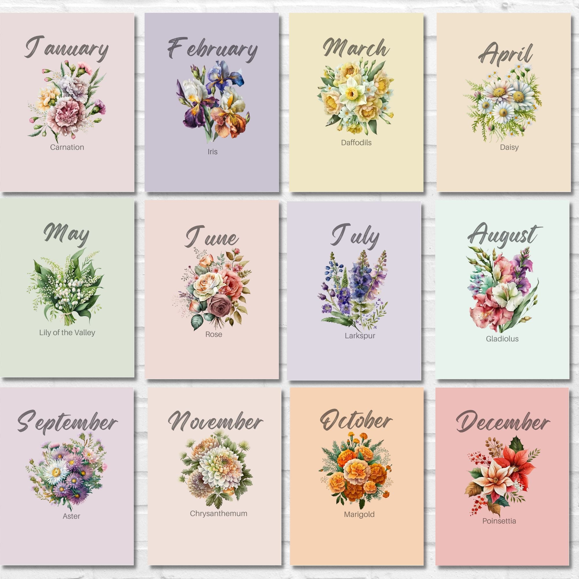 Birth Month Flowers Digital Set of 12 Instant Download Prints, Decor ...