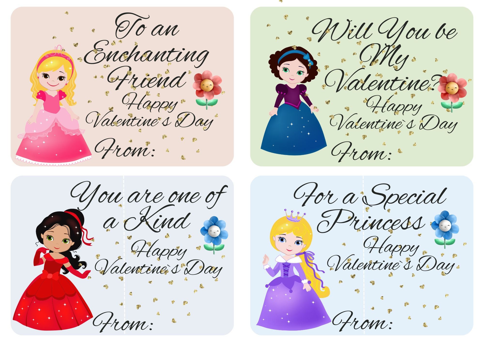 PRINCESS VALENTINE CARDS Printable Kids Valentine Cards School ...