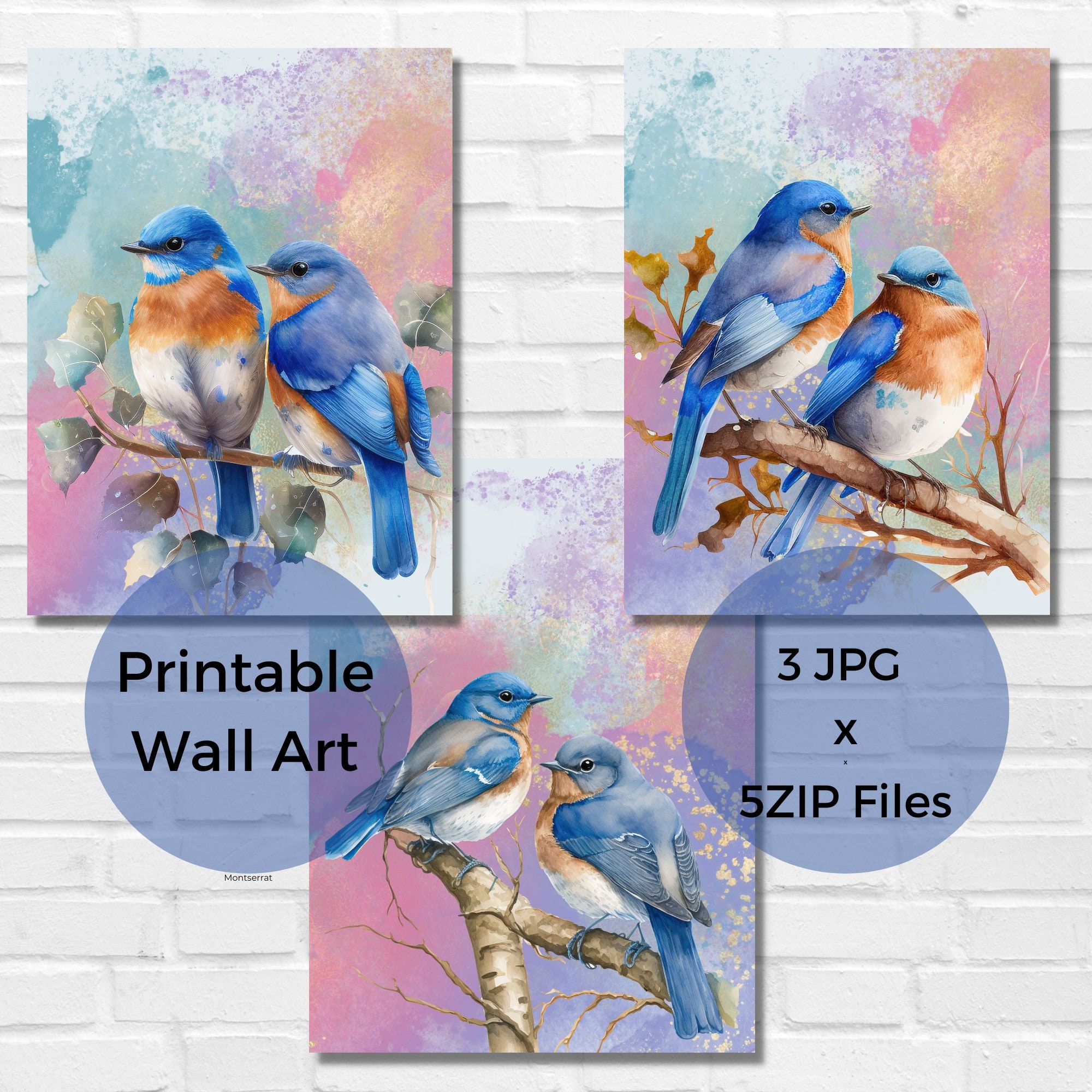 BLUE BIRD PRINT Watercolor Woodland Painting Bird Decor Bluebird Couple ...