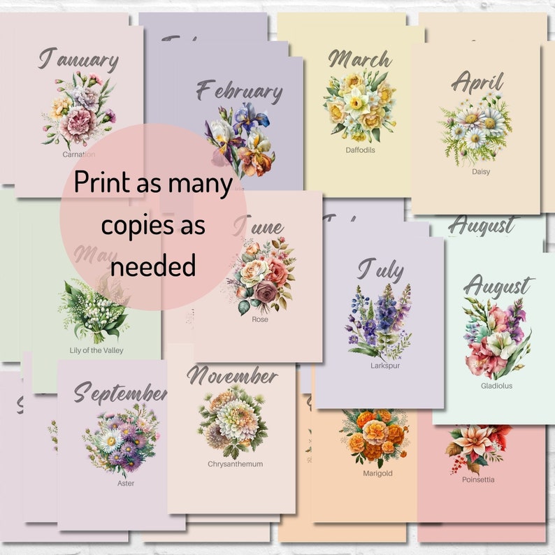 Birth Month Flowers Digital Set of 12 Instant Download Prints, Decor ...