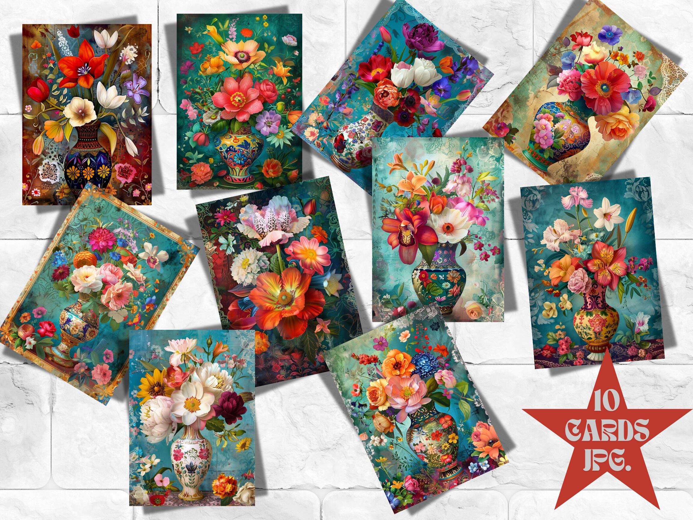 Printable Bright Flower Bouquets, Art Card Collages, Instant Digital ...