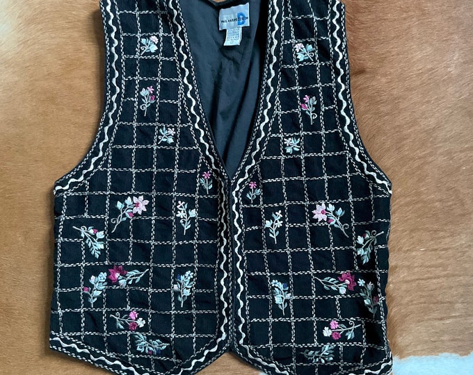 Vintage Corduroy Vest With Floral Embroidery, Checkered Grid Pattern ...