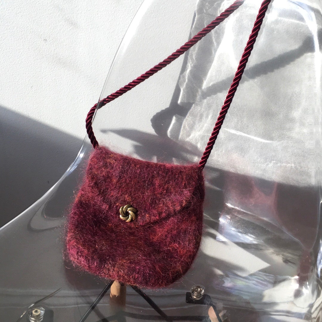 Handmade Vintage Wool Felt Crossbody Bag, Very Berry Colored Fuzzy Wool ...