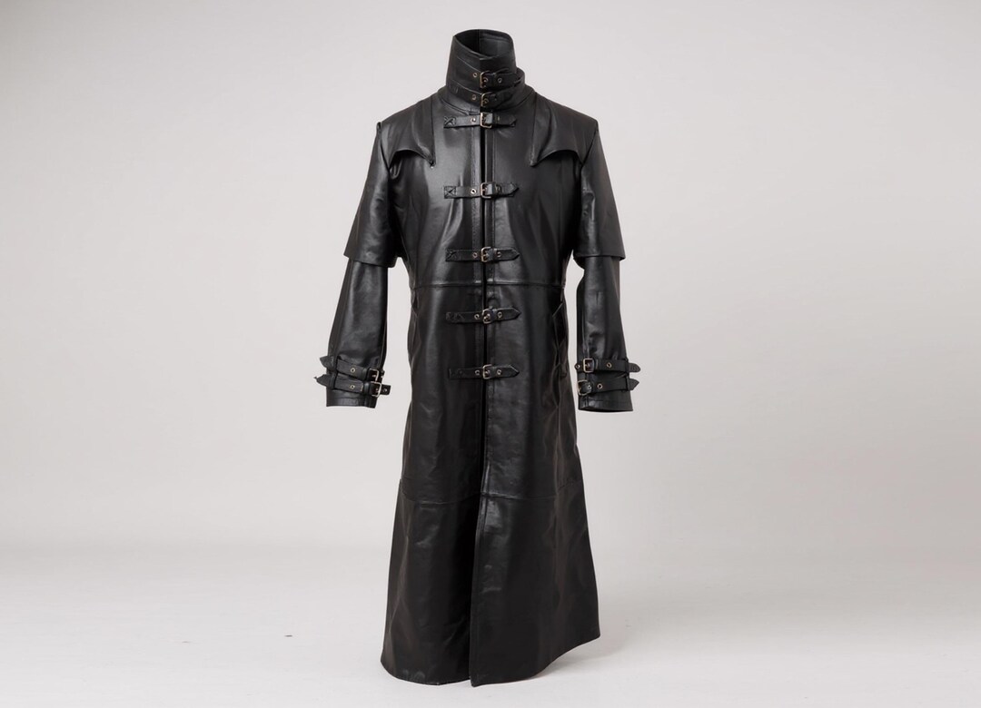 Black Leather Long Duster Coat for Men | Buckled Gothic Trench With ...