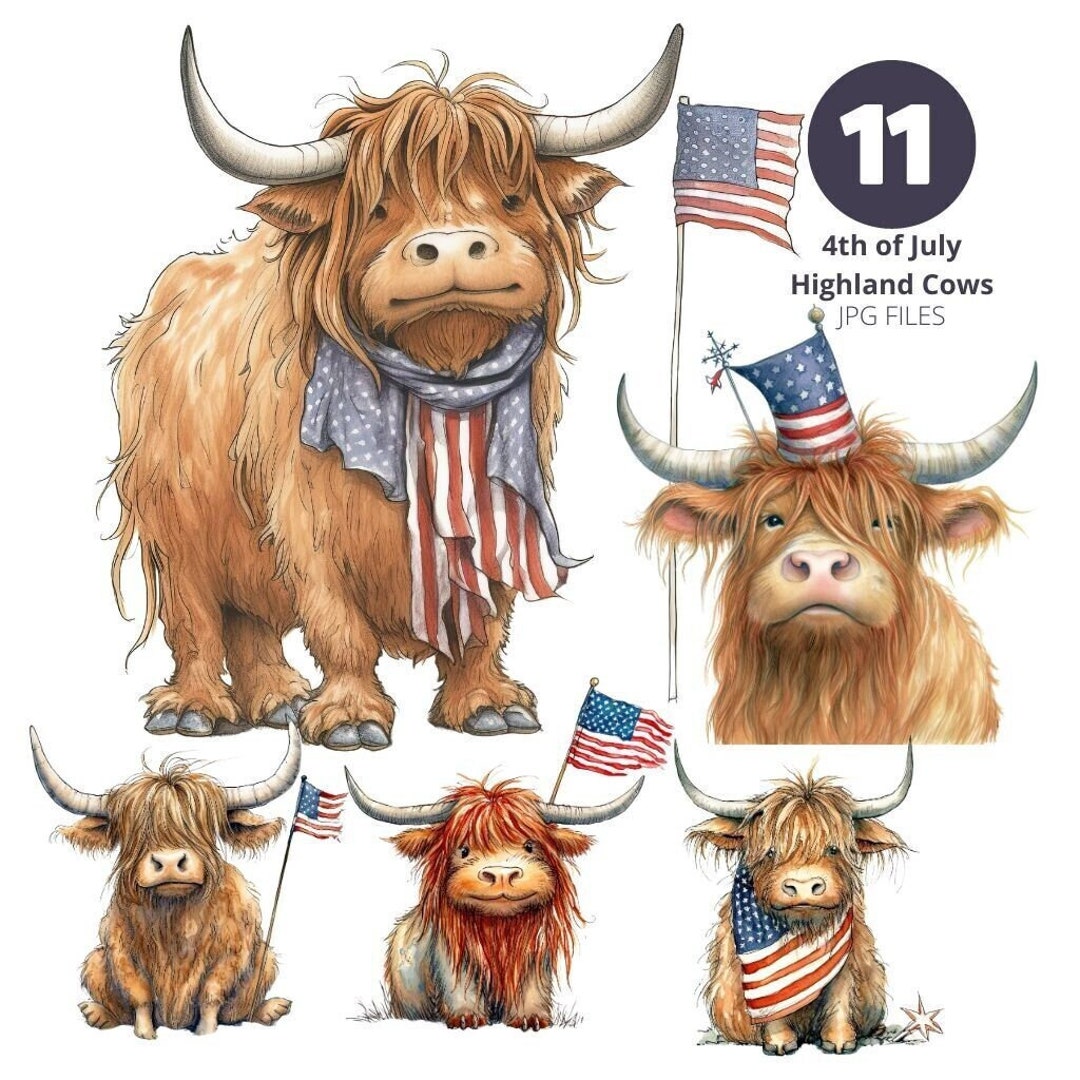4th of July Highland Cows Clip Art, Set of 11 Hand Drawn Farm Animals ...