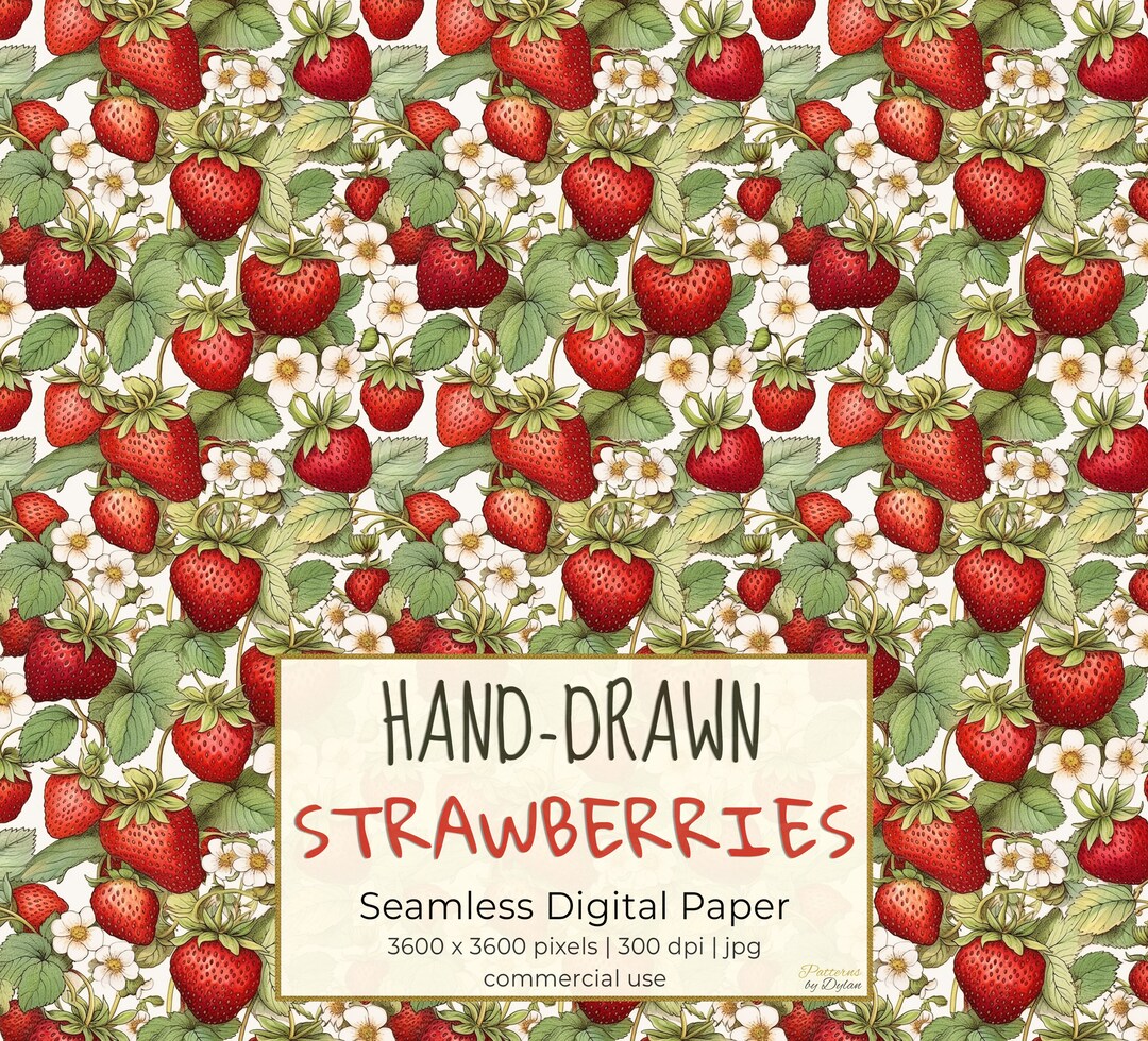 Hand Drawn Strawberries Digital Paper, Strawberry Fruit Seamless ...