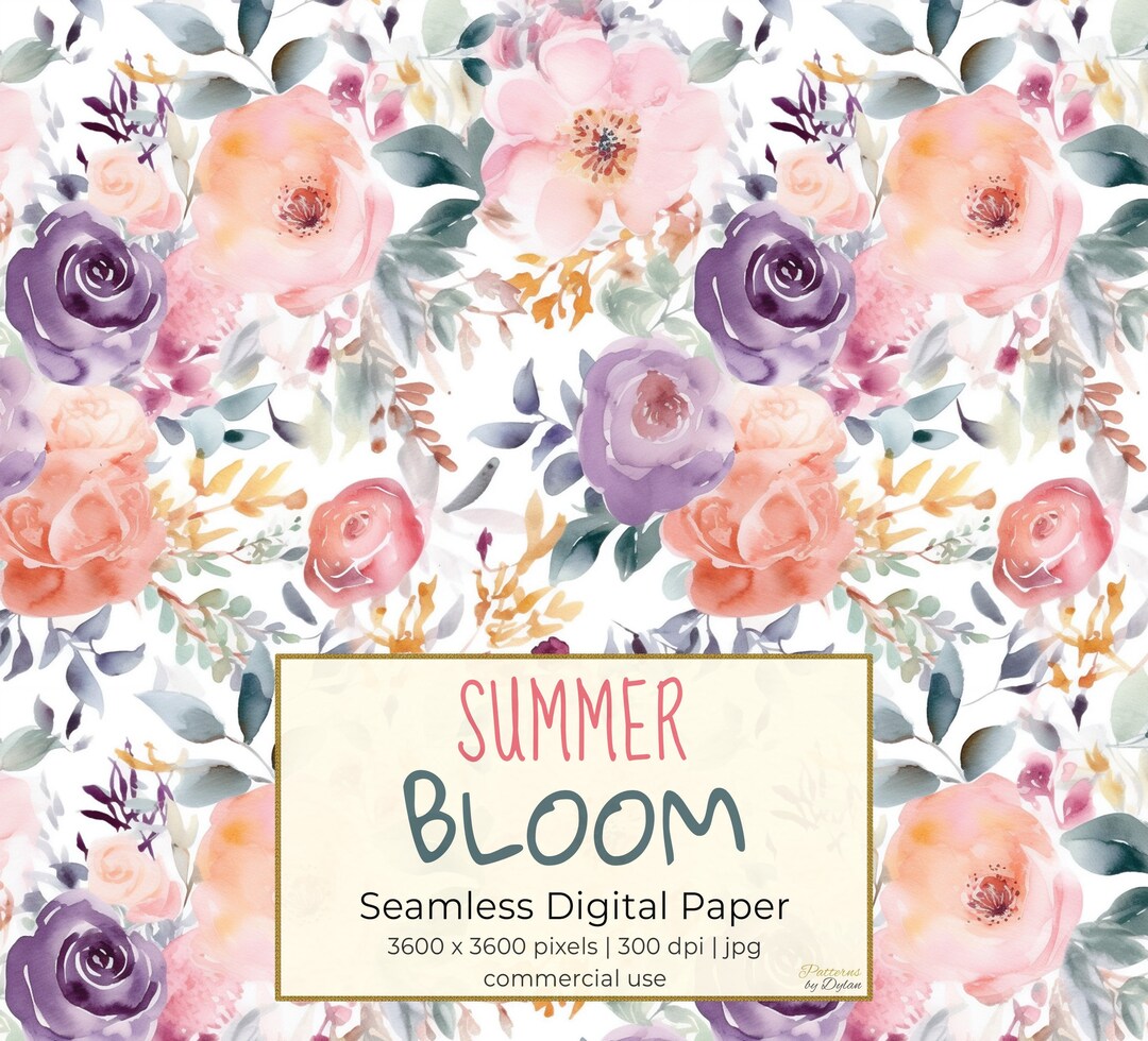 Watercolor Floral Seamless Pattern, Summer Bloom Digital Paper ...