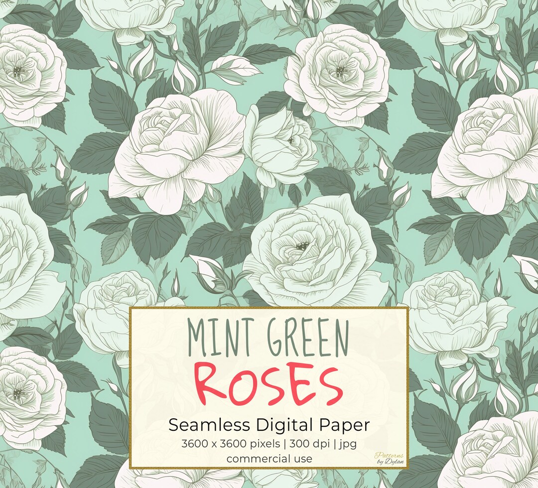 MINT GREEN ROSES Digital Paper, Pastel Light Green Rose Seamless ...