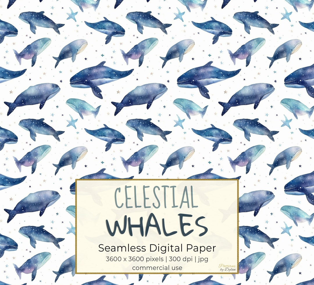 CELESTIAL WHALES, Blue Orca Seamless Repeat Pattern for Backgrounds ...