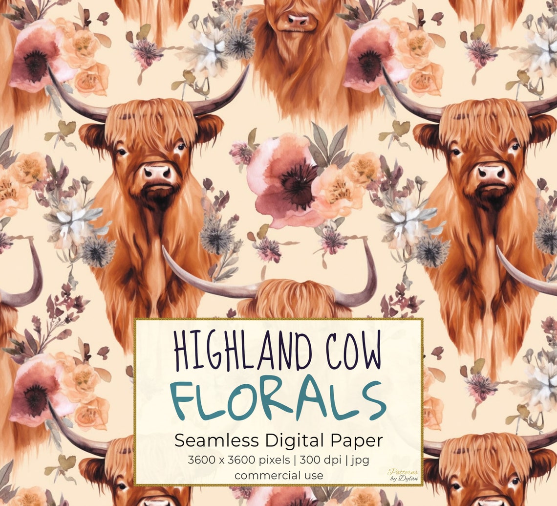 HIGHLAND COW FLORALS, Longhorn Cattle Seamless Repeat Pattern for ...