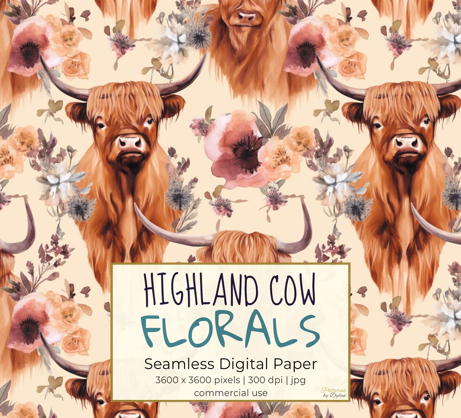 HIGHLAND COW FLORALS, Longhorn Cattle Seamless Repeat Pattern for ...