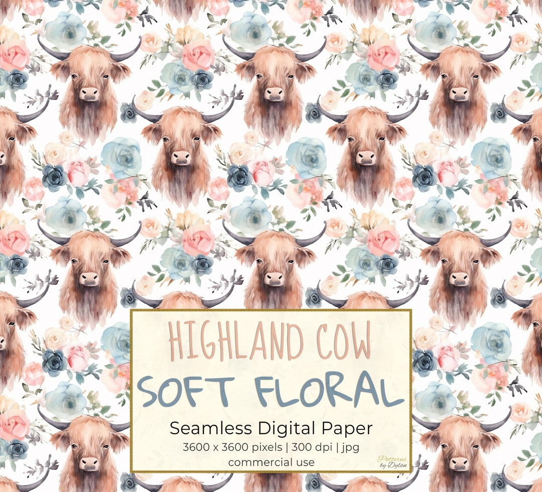 HIGHLAND COW Soft Florals, Longhorn Cattle Seamless Repeat Pattern for ...