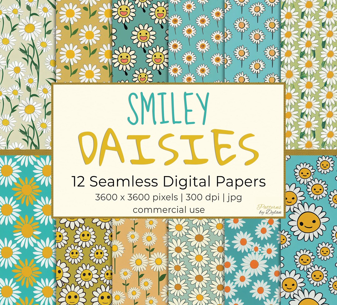 SMILEY DAISIES, Floral Petals Seamless Patterns Set, Flower Backgrounds ...
