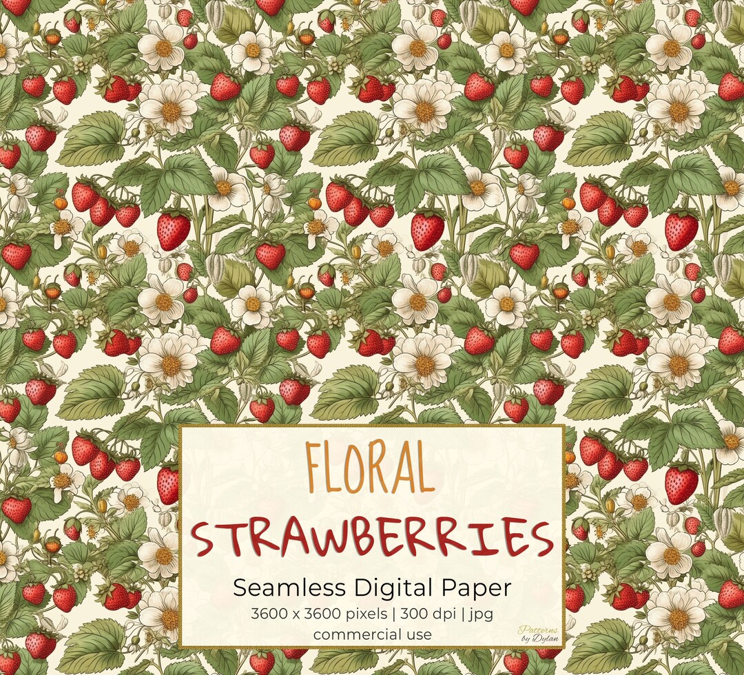 FLORAL STRAWBERRIES Digital Paper, Strawberry Fruit Seamless Patterns ...