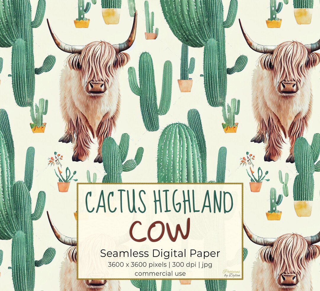 CACTUS HIGHLAND COW, Desert Plants Seamless Repeat Pattern for ...