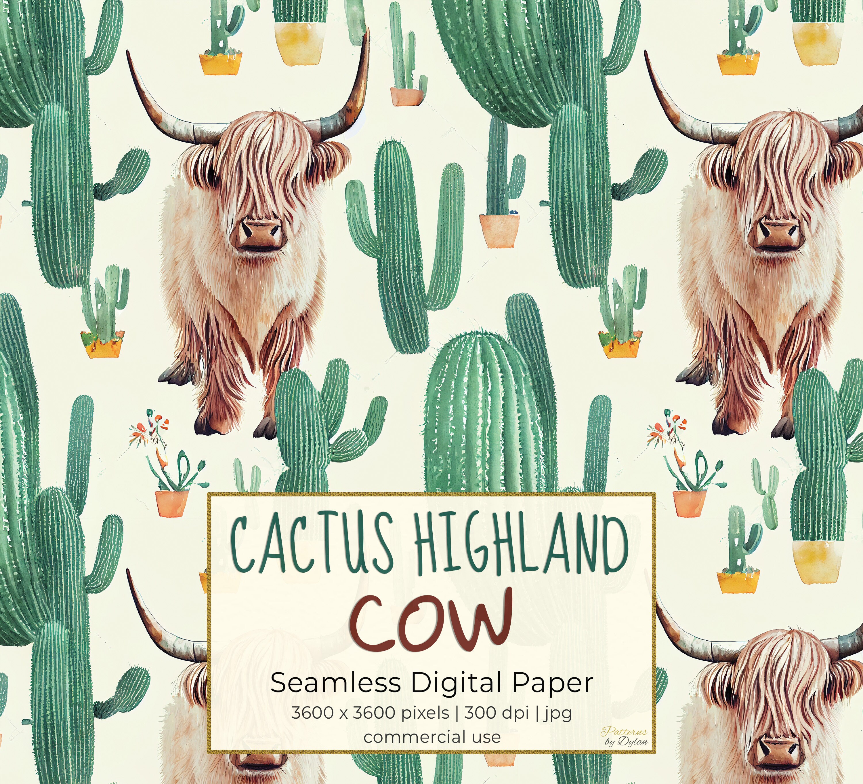 CACTUS HIGHLAND COW, Desert Plants Seamless Repeat Pattern for ...
