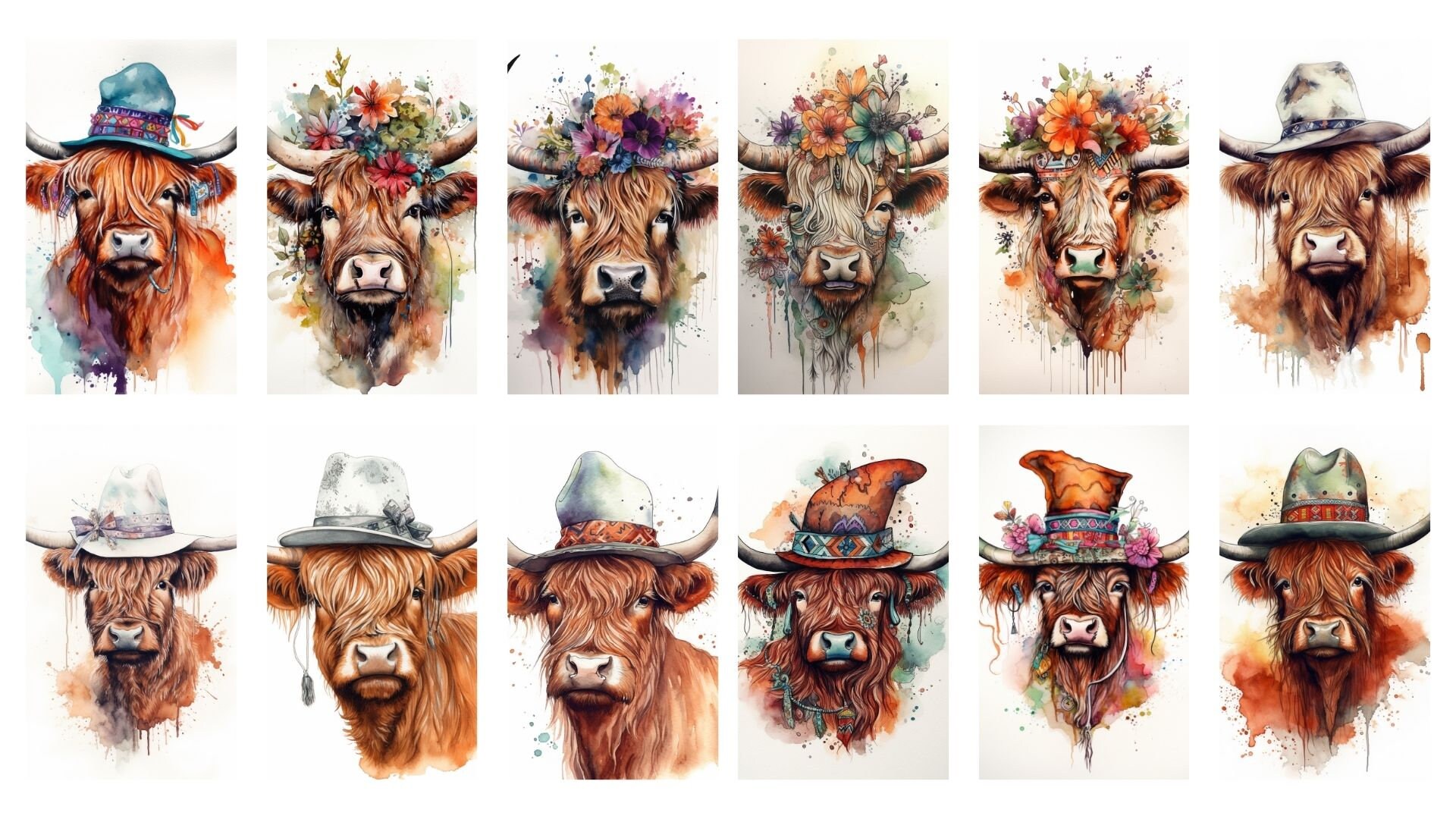 Aztec Cowboy Highland Cows, Set of 12 Watercolor Cute Highland Cows in ...