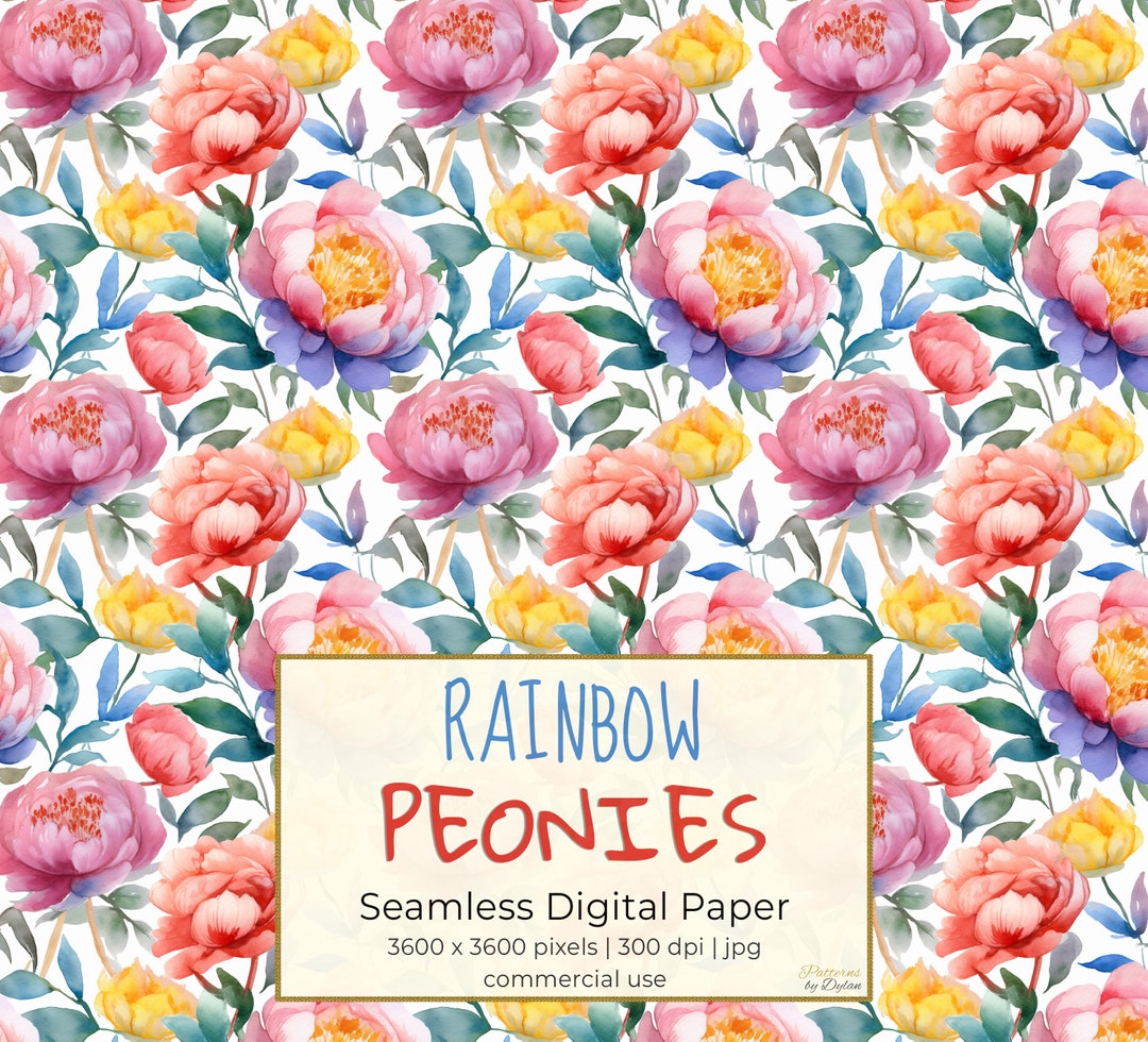 RAINBOW PEONIES Digital Paper, Colorful Watercolor Peony Seamless ...