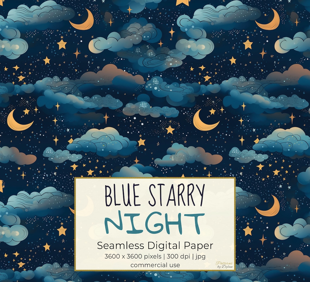 BLUE STARRY NIGHT, Seamless Bright Moon and Stars Repeat Pattern for ...
