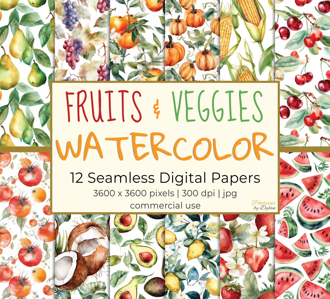 FRUITS AND VEGGIES, Watercolor Seamless Patterns Set of 12, Backgrounds ...
