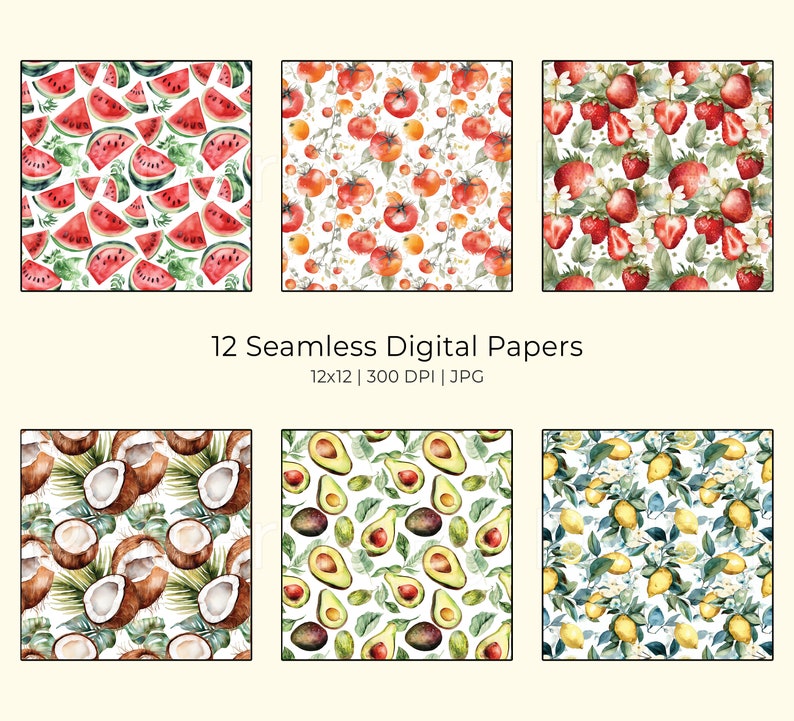 FRUITS AND VEGGIES, Watercolor Seamless Patterns Set of 12, Backgrounds ...