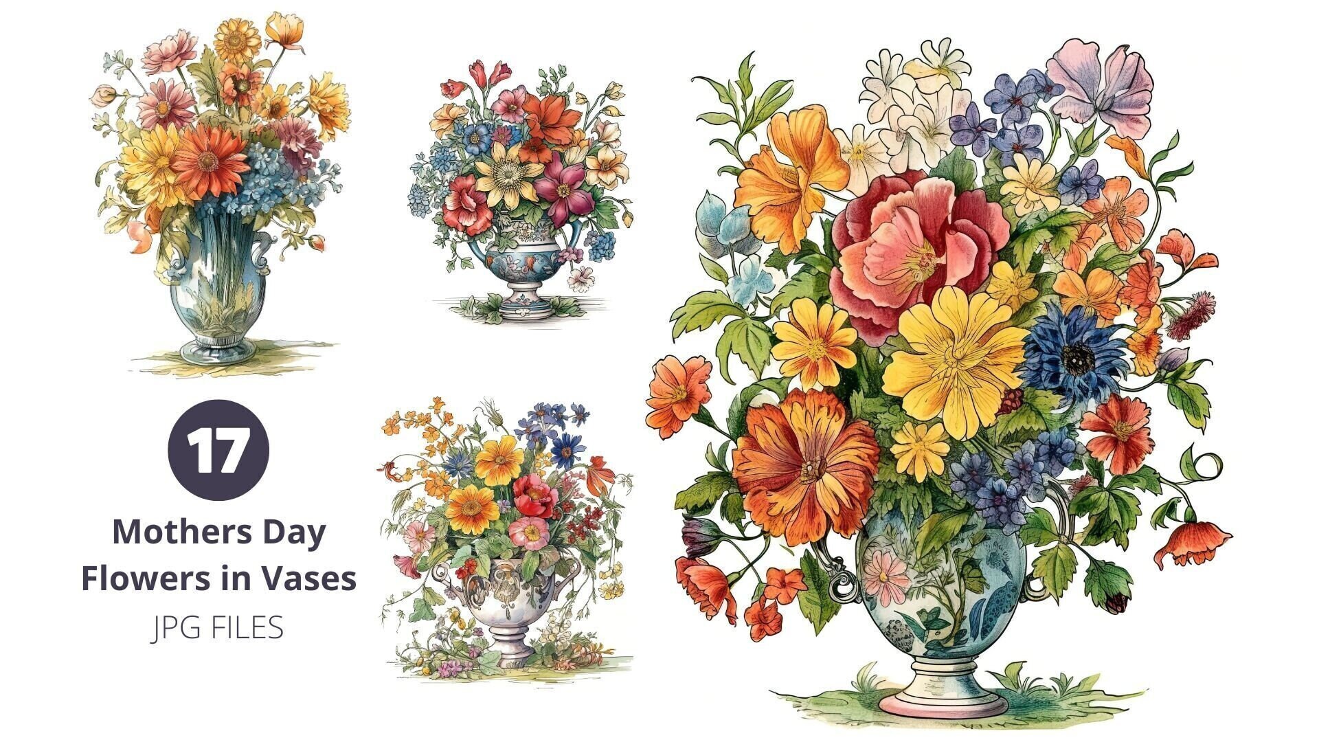 Vase With Flowers Clipart Set 17 High Resolution Jpgs Digital Download ...
