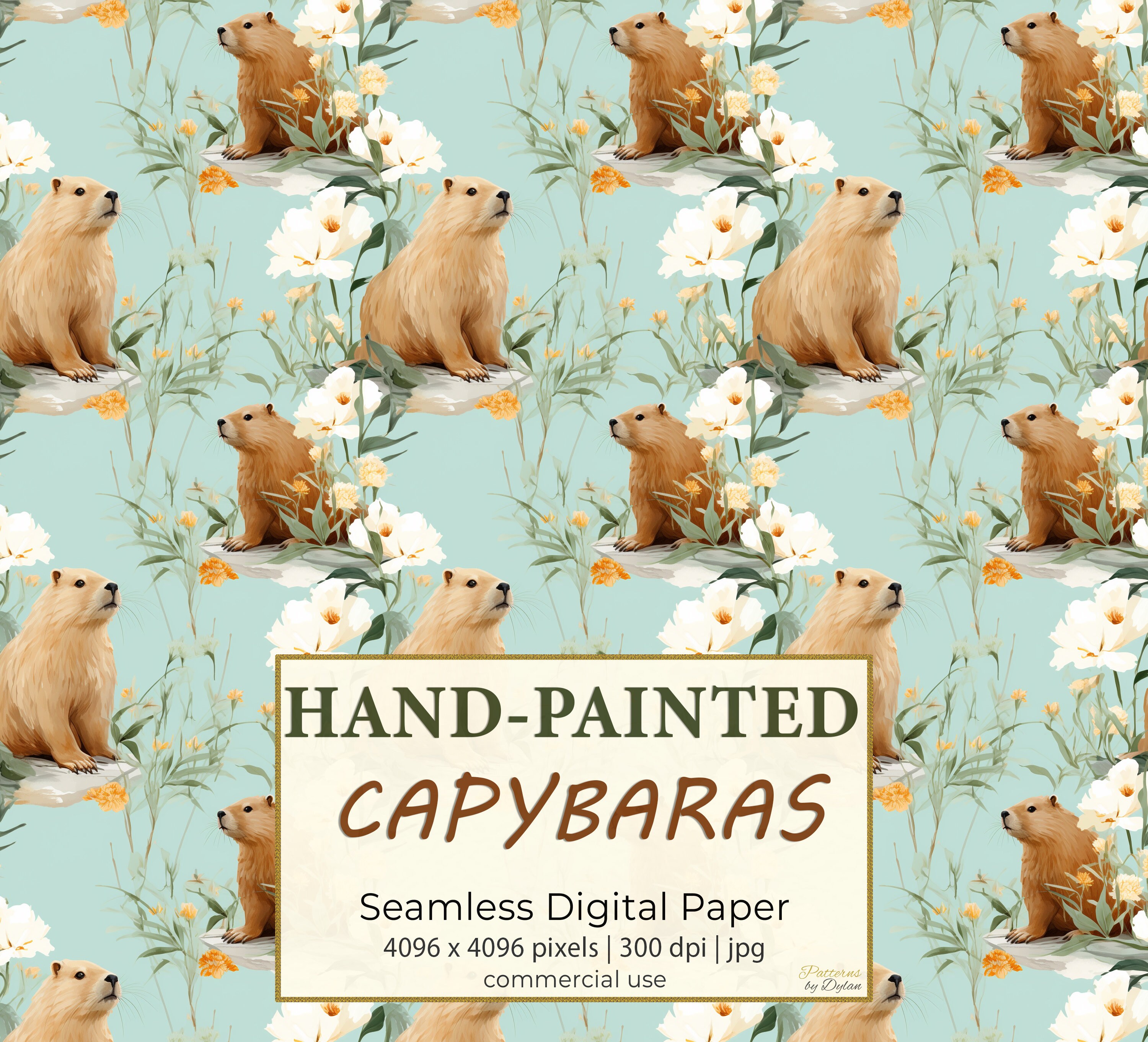 HAND PAINTED CAPYBARA Digital Paper, Boho Seamless Pattern, Hand Drawn ...