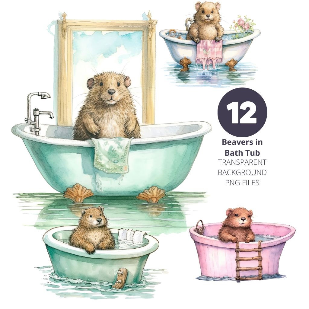 Cute Beavers in Bath Tubs Hand Drawn Illustrations Bundle, Set of 12 ...